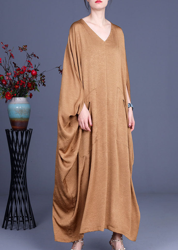 Red Bat wing Sleeve Silk Maxi Dress V Neck Spring – SooLinen