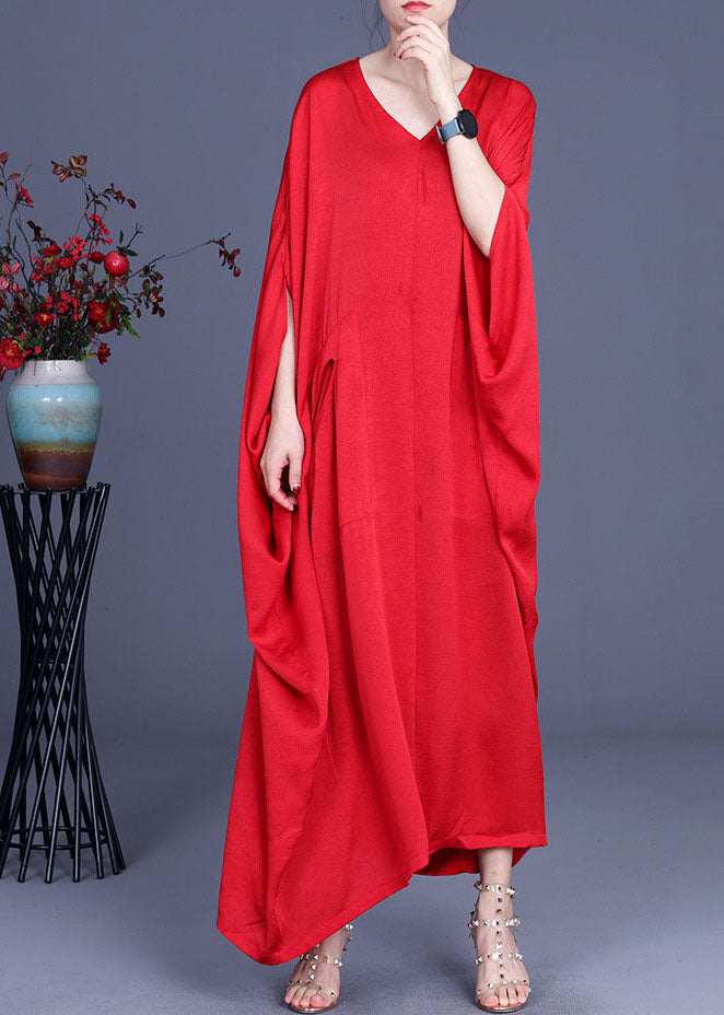 Red Bat wing Sleeve Silk Maxi Dress V Neck Spring – SooLinen