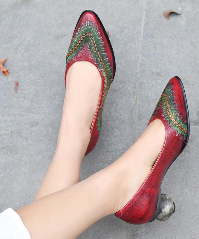 Red High Heels Chunky Genuine Leather Plus Size Pointed Toe High Heels ...