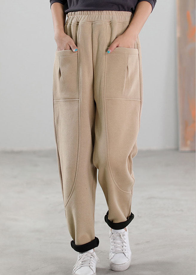 Simple Khaki Pockets Warm Fleece Pants Winter – SooLinen