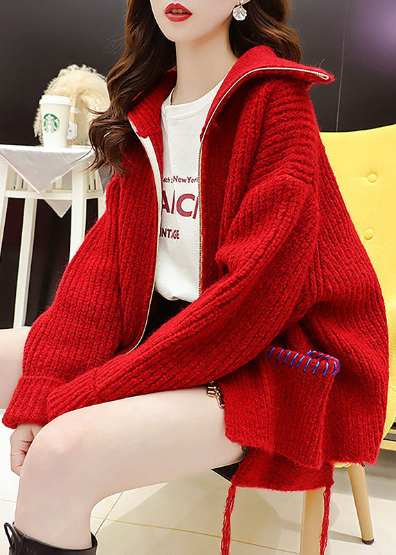 Simple Red Asymmetrical Knit Winter sweaters Coat – SooLinen