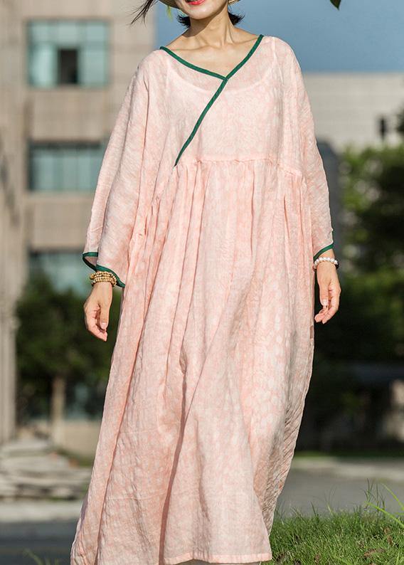 Simple pink linen Robes v neck Extra large hem Maxi summer Dresses ...