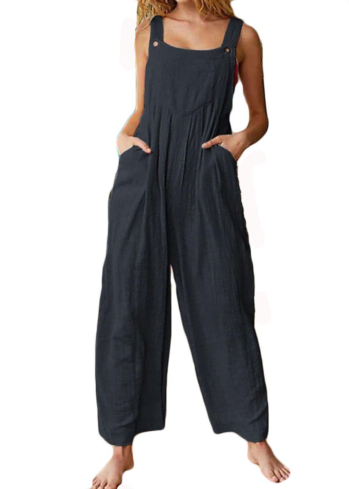 Solid Color Button Sleeveless Overalls Side Pocket Jumpsuit For Women ...