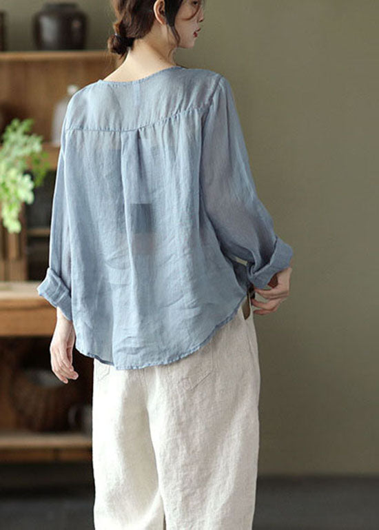 Stylish Lake Blue Embroideried Linen Blouse Tops Long Sleeve – SooLinen
