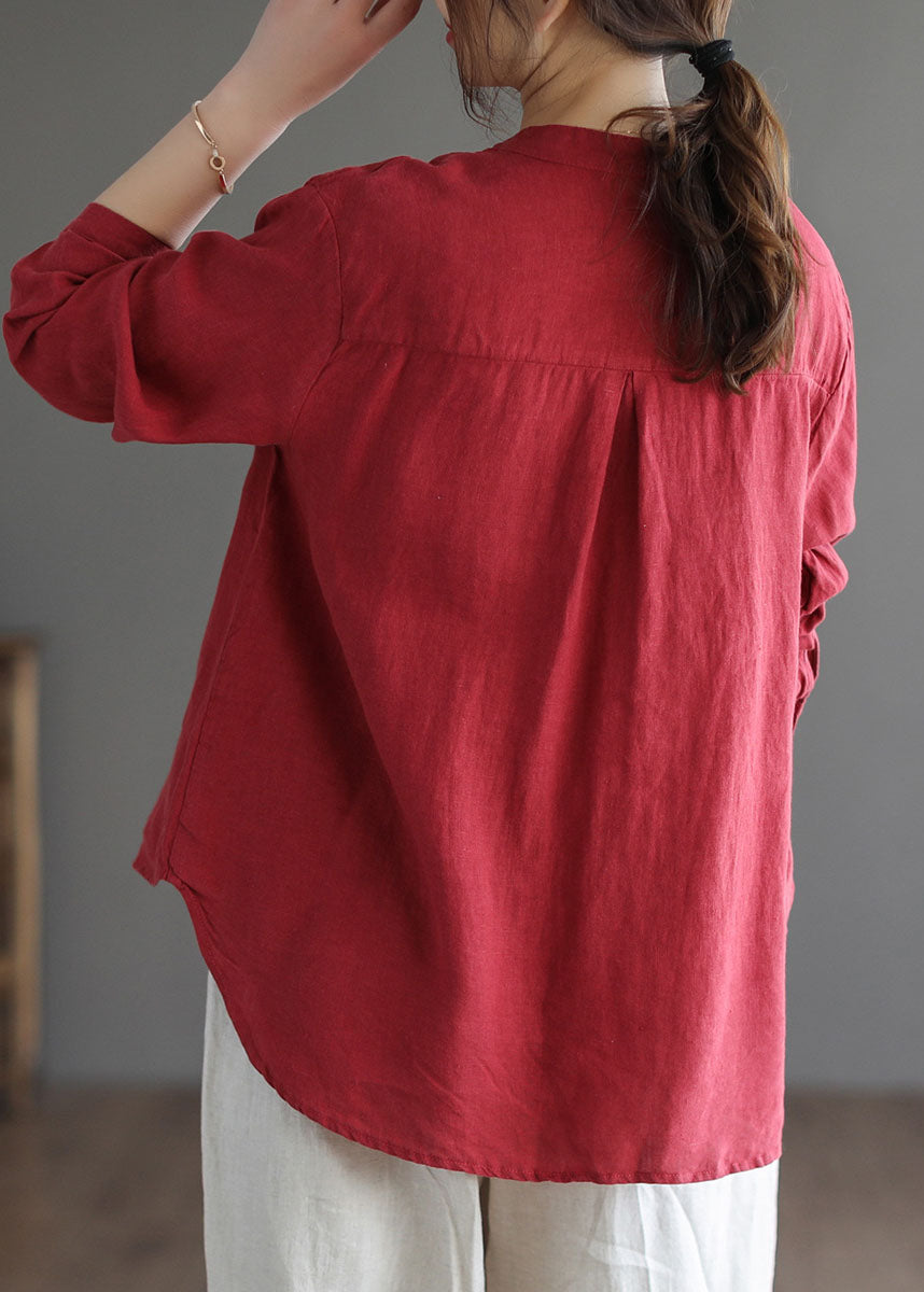 Stylish Red O-Neck Button Linen Blouses top Long Sleeve – SooLinen