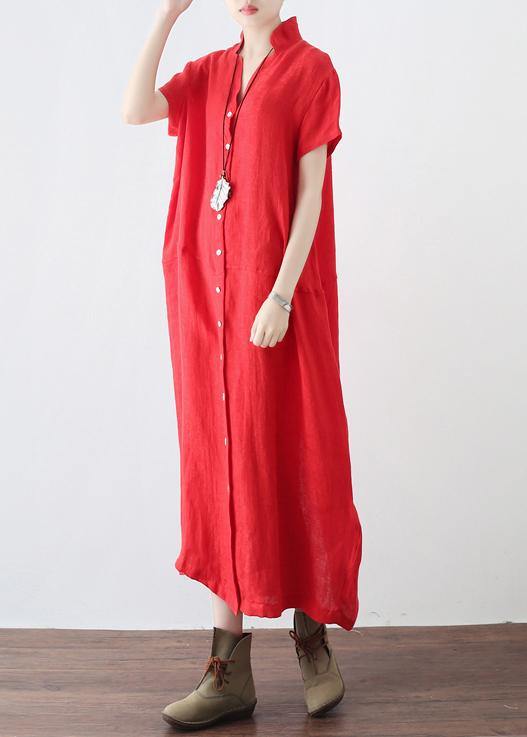 Unique Red Low High Design V Neck Linen Summer Robe – SooLinen
