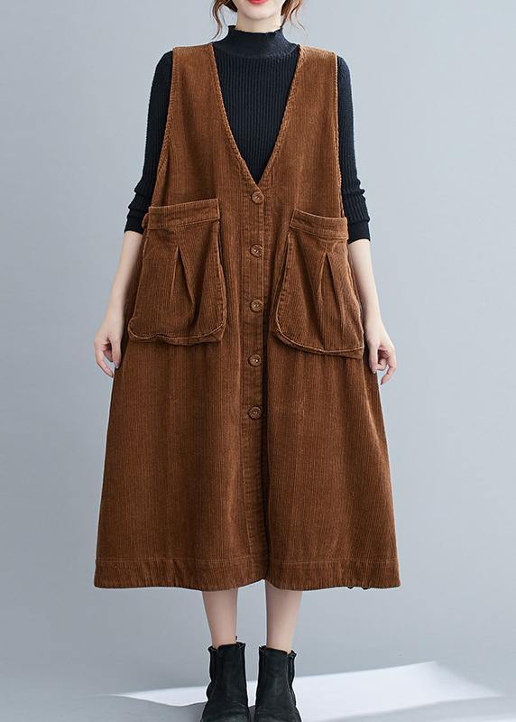 Unique V Neck Sleeveless cotton Spring Dresses Lnspiration Brown Robe ...