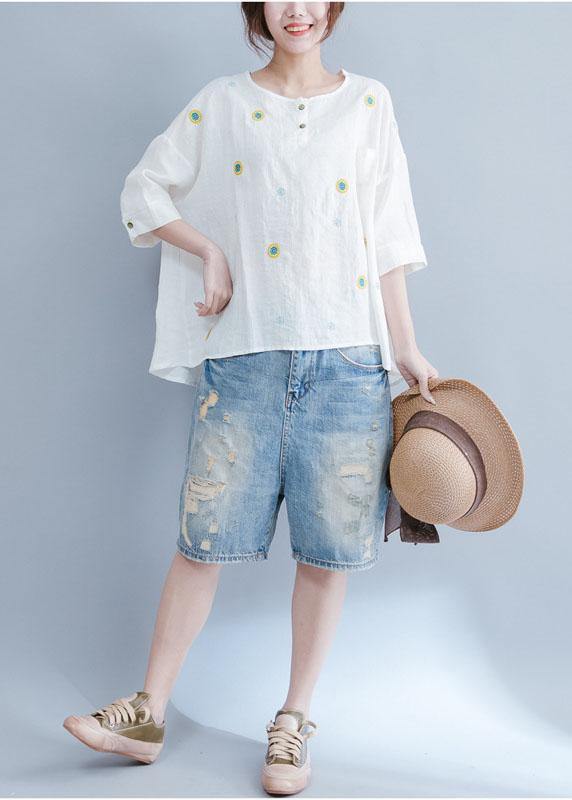Unique embroidery cotton tunic top white Art tops summer – SooLinen