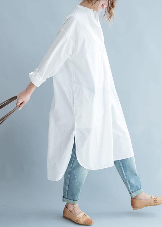 Unique side open cotton tunic pattern white Dresses fall – SooLinen