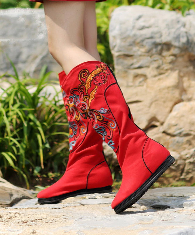 Vintage Red Wedge Boots Embroideried Comfy Cotton Fabric zippered Spli ...