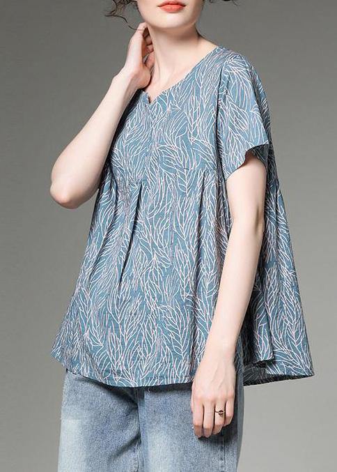 Women cotton linen tunic top Plus Size Split Neck blue Printed Pleated ...
