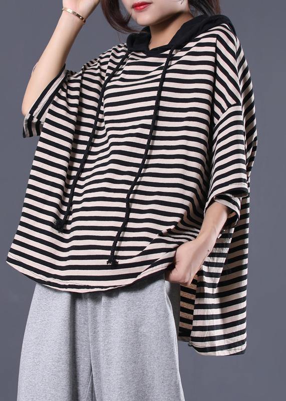 Women drawstring hooded cotton tunic pattern Tunic Tops black striped ...