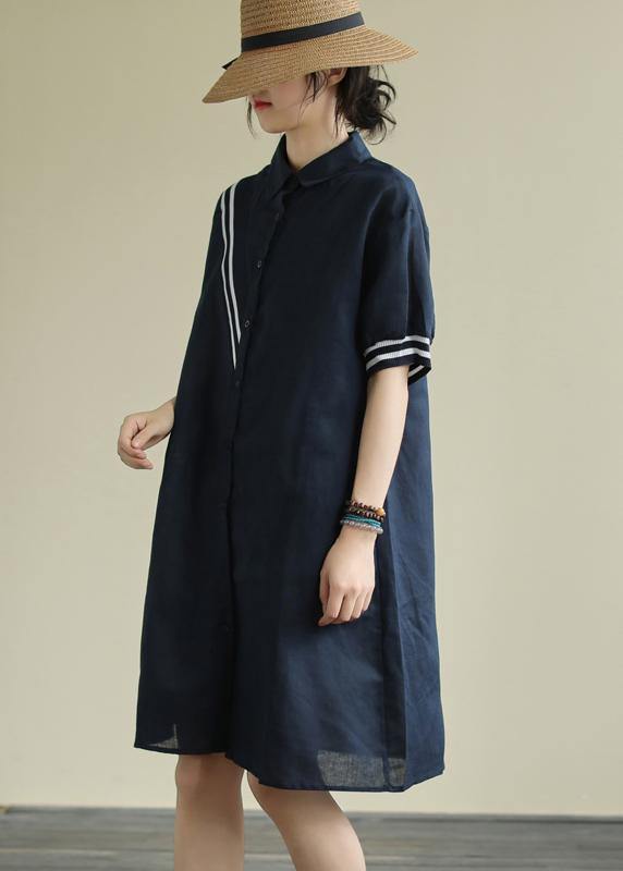 Women lapel Button Down Cotton blend summer Robes design navy striped ...